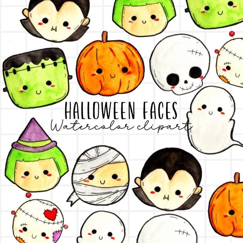 Watercolor Clipart, Cute Kawaii Halloween Face Digital Download ...