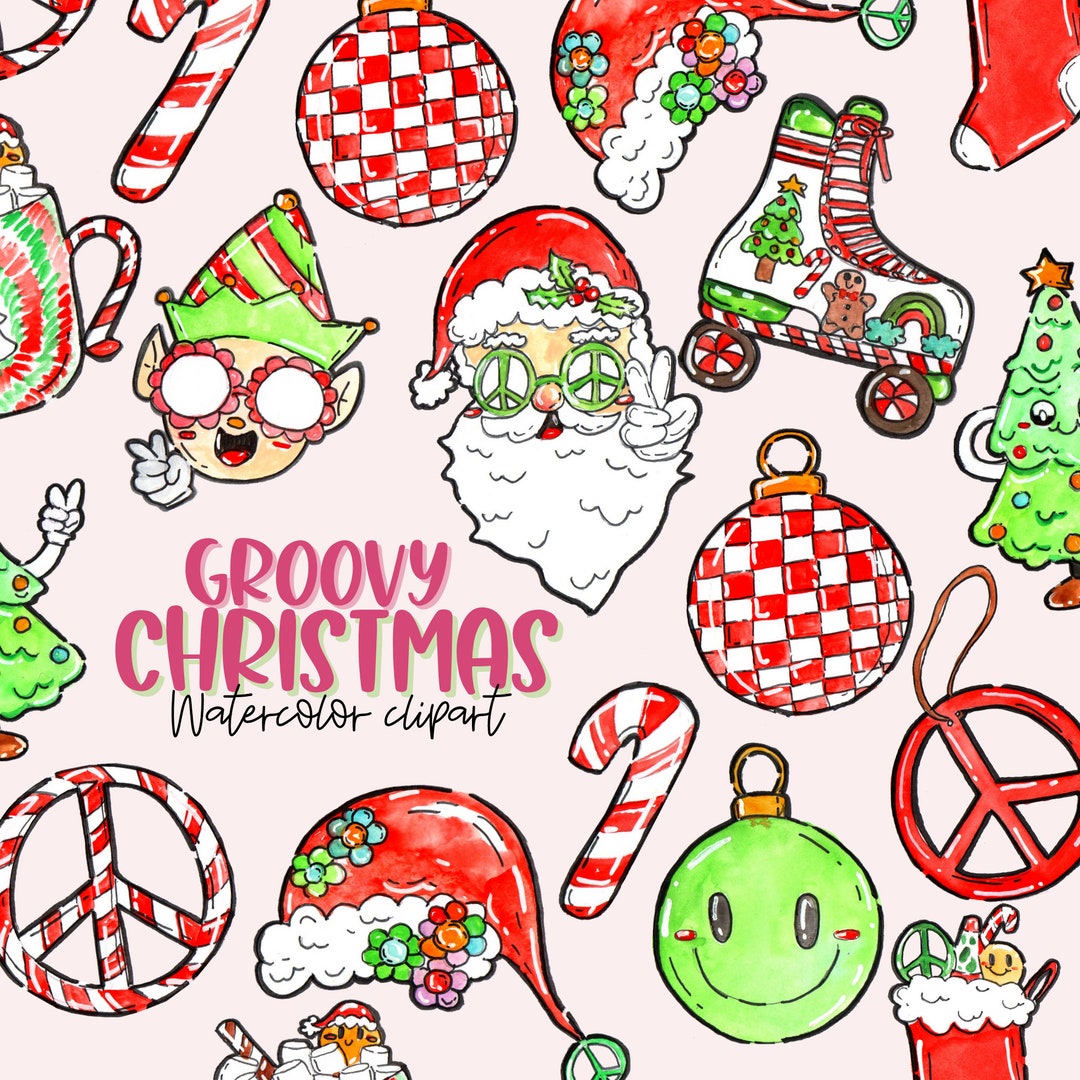 Christmas Clipart Watercolor Clipart Hippie Groovy Santa - Etsy