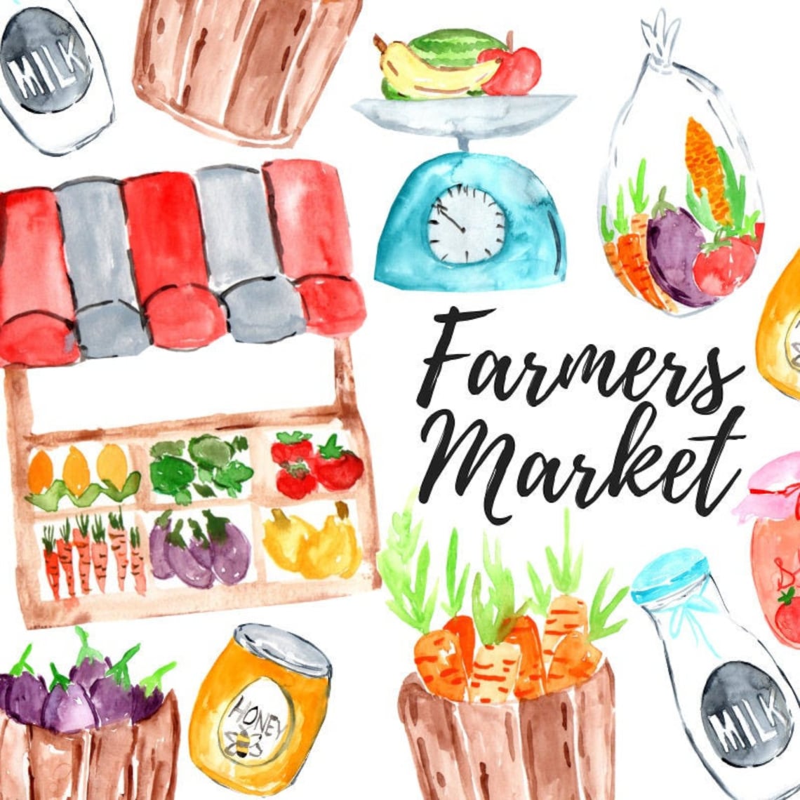 Watercolor Clipart Farmers Market Graphics Vegetables | Etsy