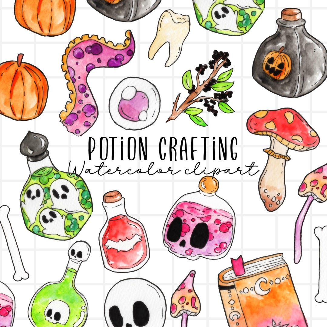Watercolor Halloween Potion Crafting Clipart, Spooky Magic Potion ...