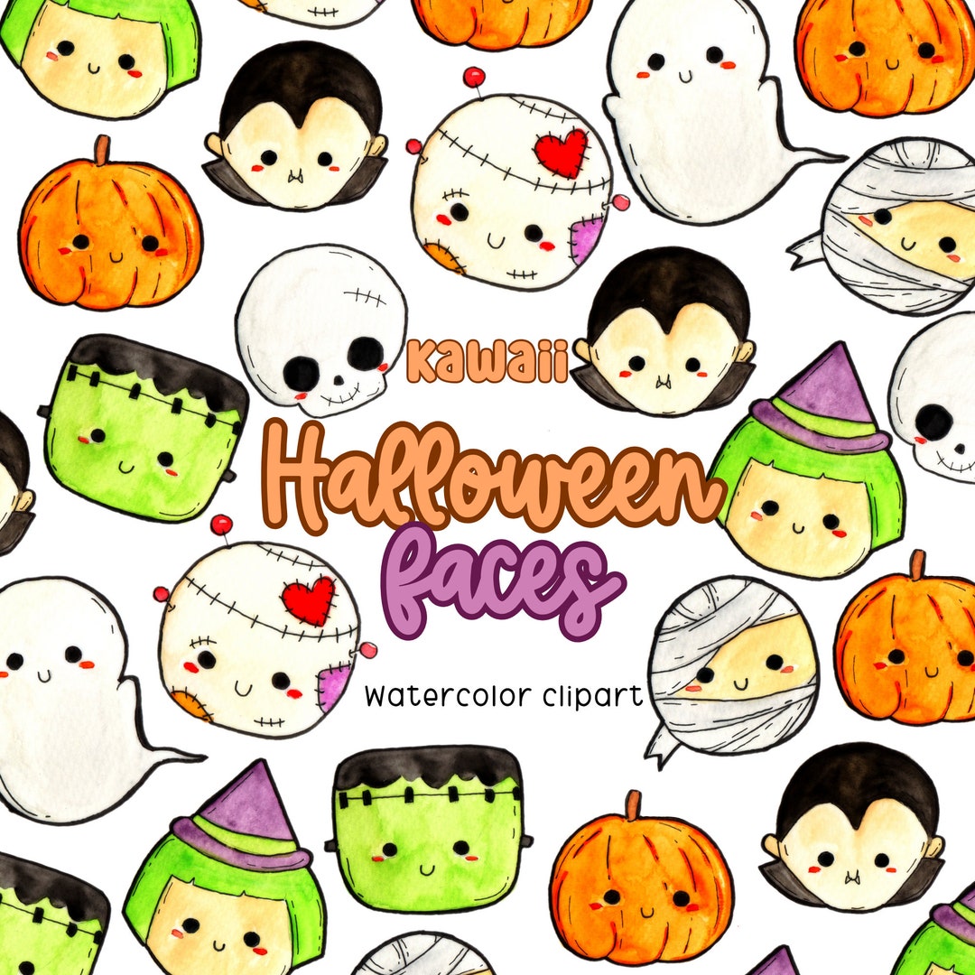 Watercolor Clipart, Cute Kawaii Halloween Face Digital Download ...