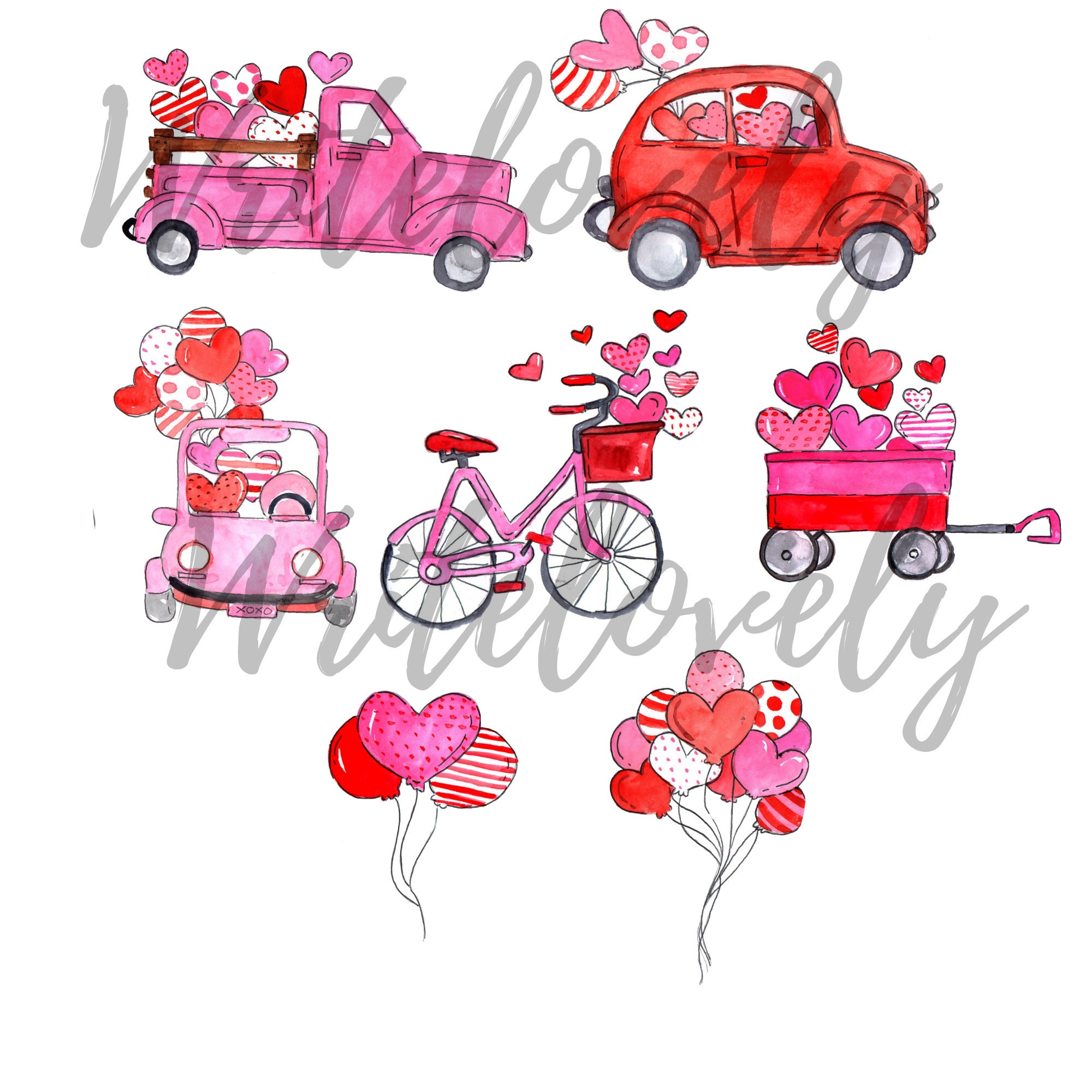 Valentines Day Clip Art Watercolor Clip Art Cars Bike - Etsy