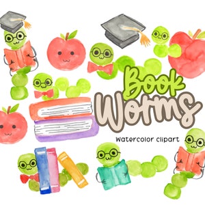 Back to School Clipart - Watercolor, Kawaii, Bookworm, Prek, Elementary ...