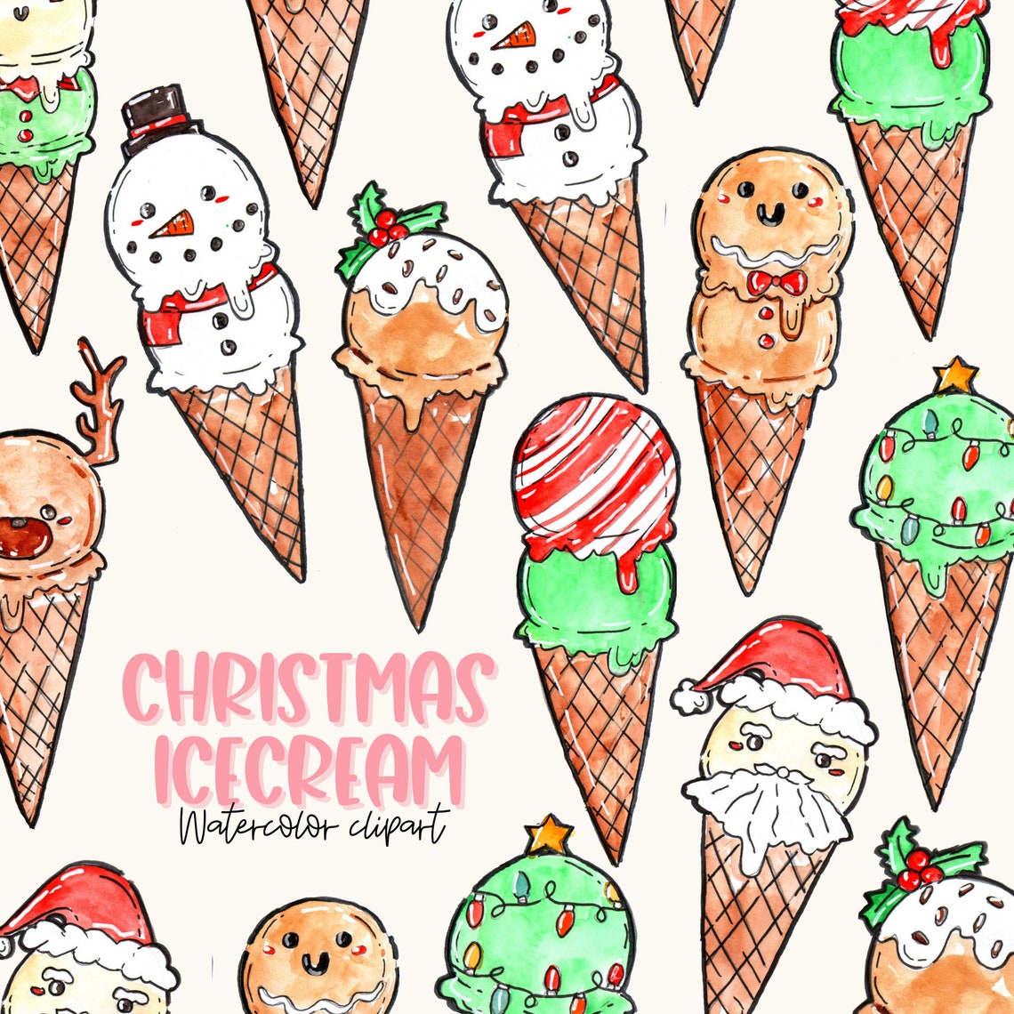 Watercolor Clipart Christmas Clipart Ice Cream Christmas - Etsy