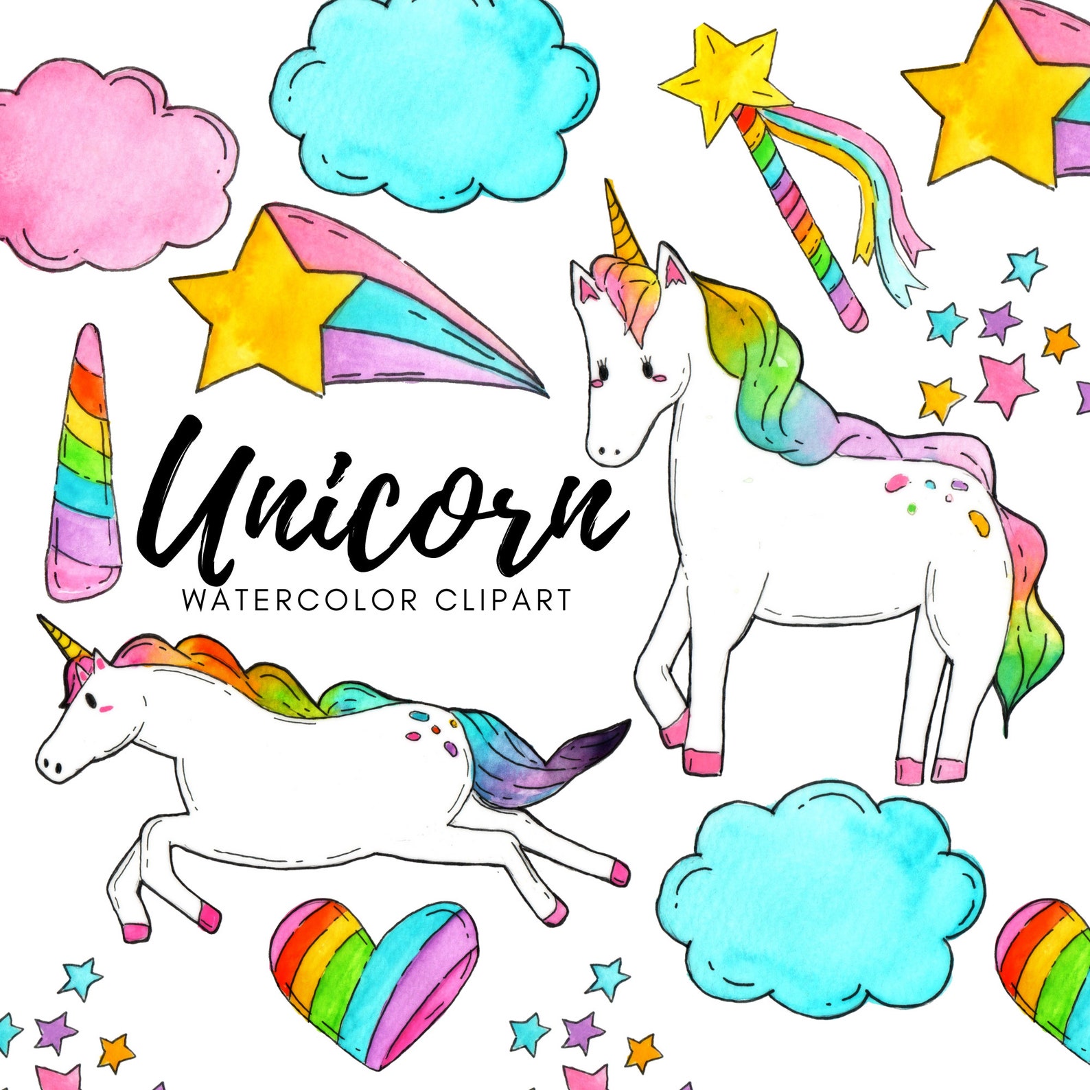 Watercolor Clipart Unicorn Clipart Cute Rainbow Stars - Etsy