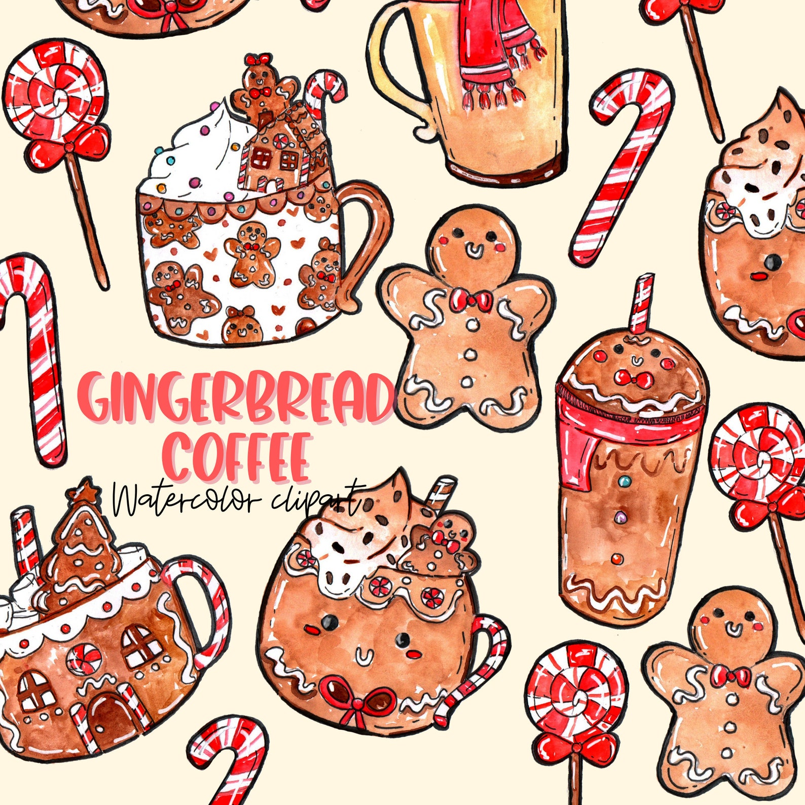 Watercolor Clipart Christmas Gingerbread Coffee Cafe Hot - Etsy