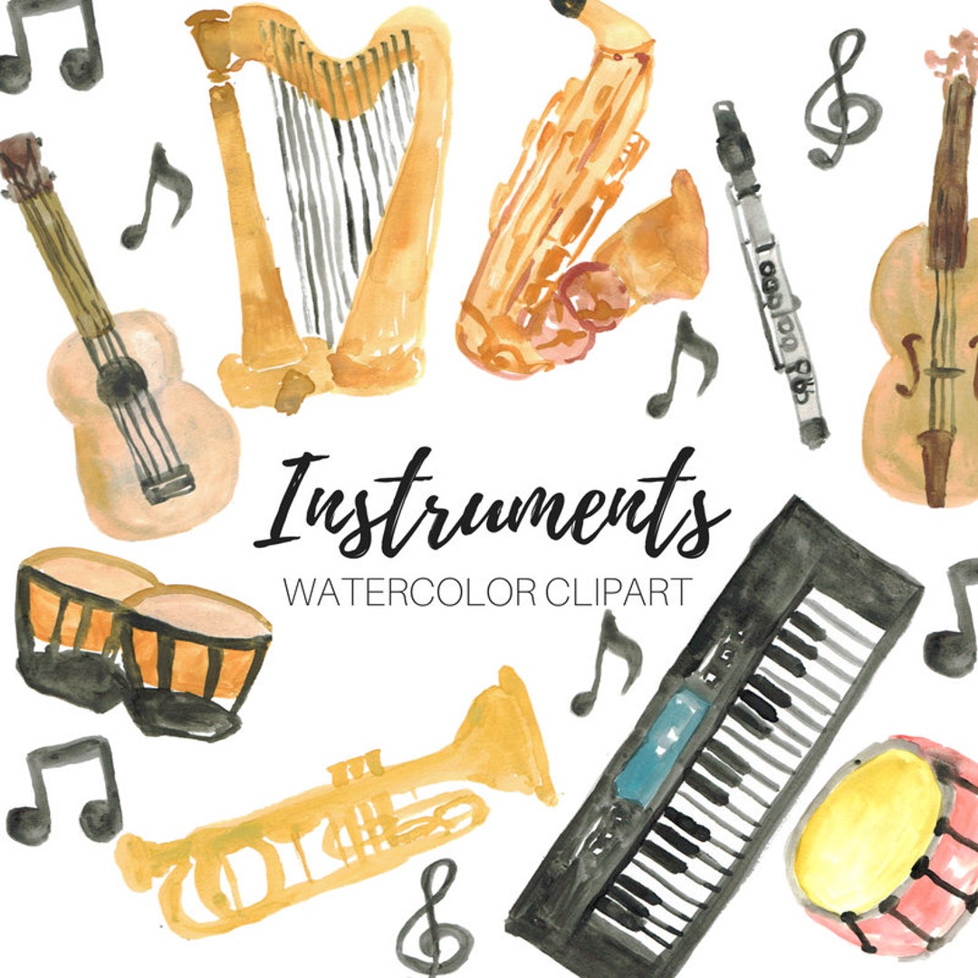 Watercolor Clip Art Music Instrument Graphics Guitar Piano Flute Music ...