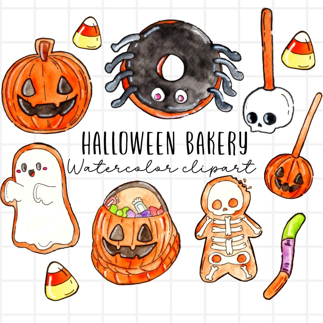Watercolor Halloween Bakery Clipart, Spooky Treats, Cookies, Cupcake ...