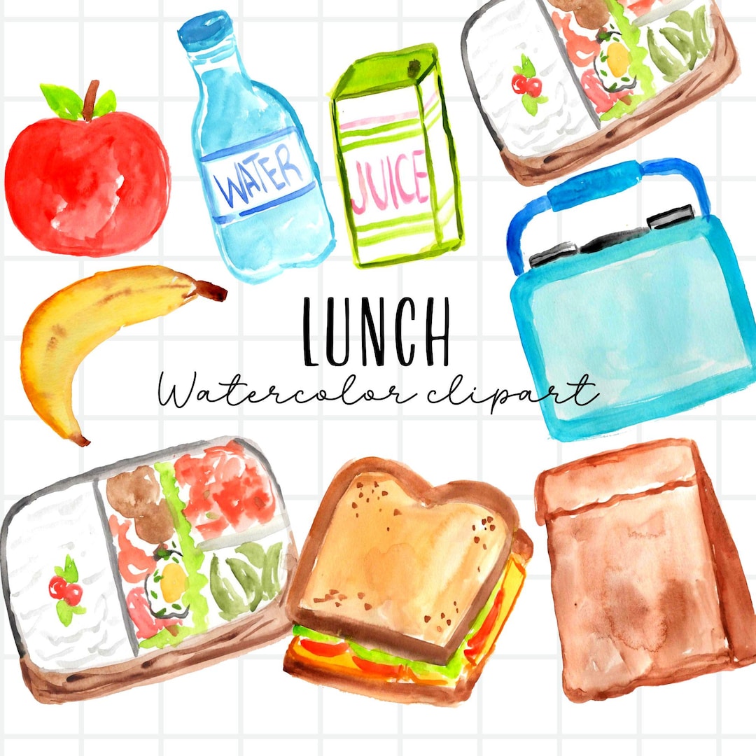 Lunch Clipart - Watercolor, Back to School, Lunch Box, Paper Bag, Apple ...
