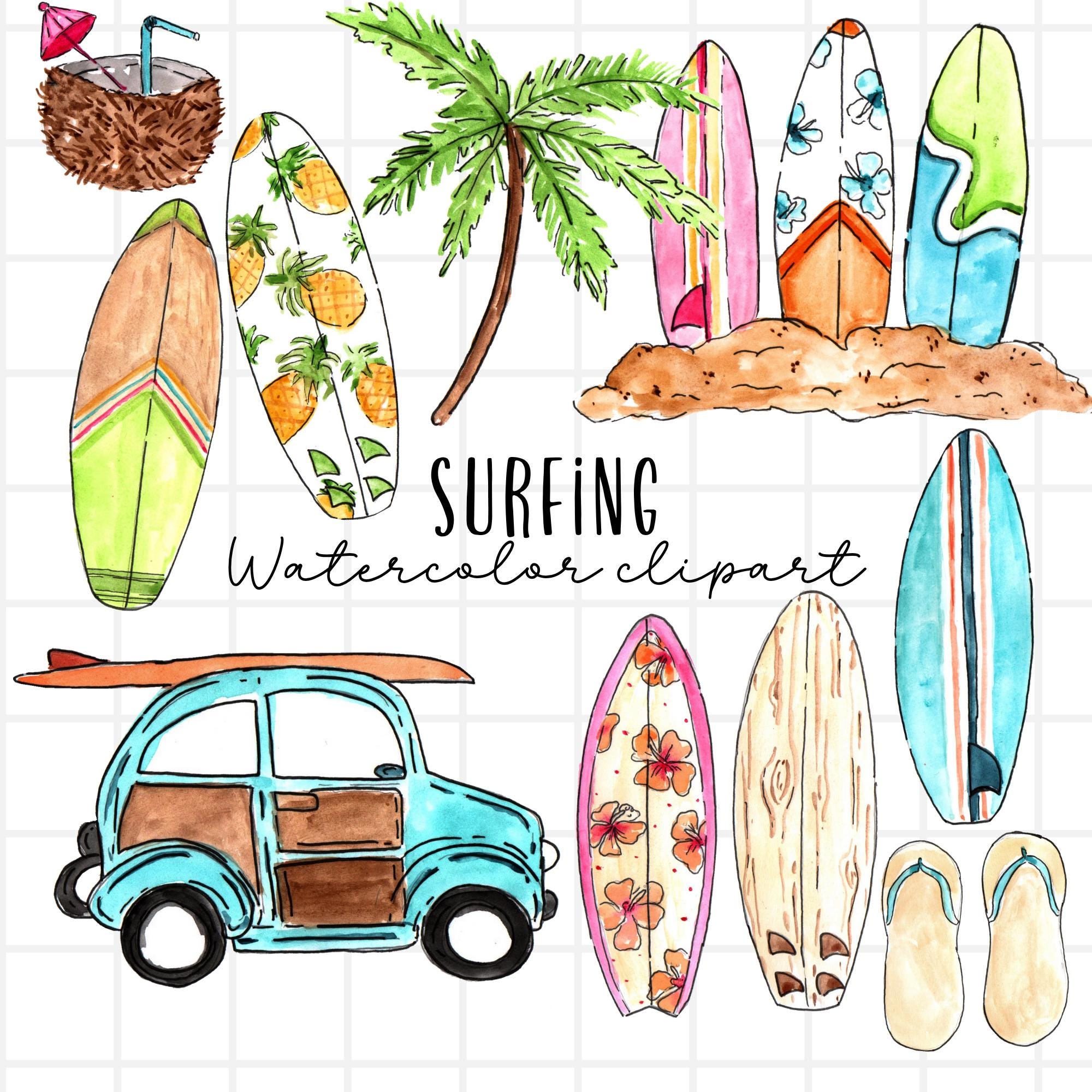 Watercolor Surf Board Clip Art - Summer Beach Graphics PNG Illustration ...