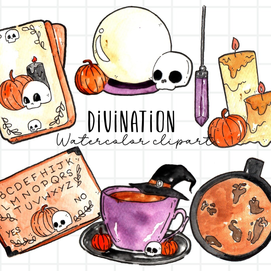 Watercolor Halloween Divination Clipart, Spooky Tarot Illustration in ...