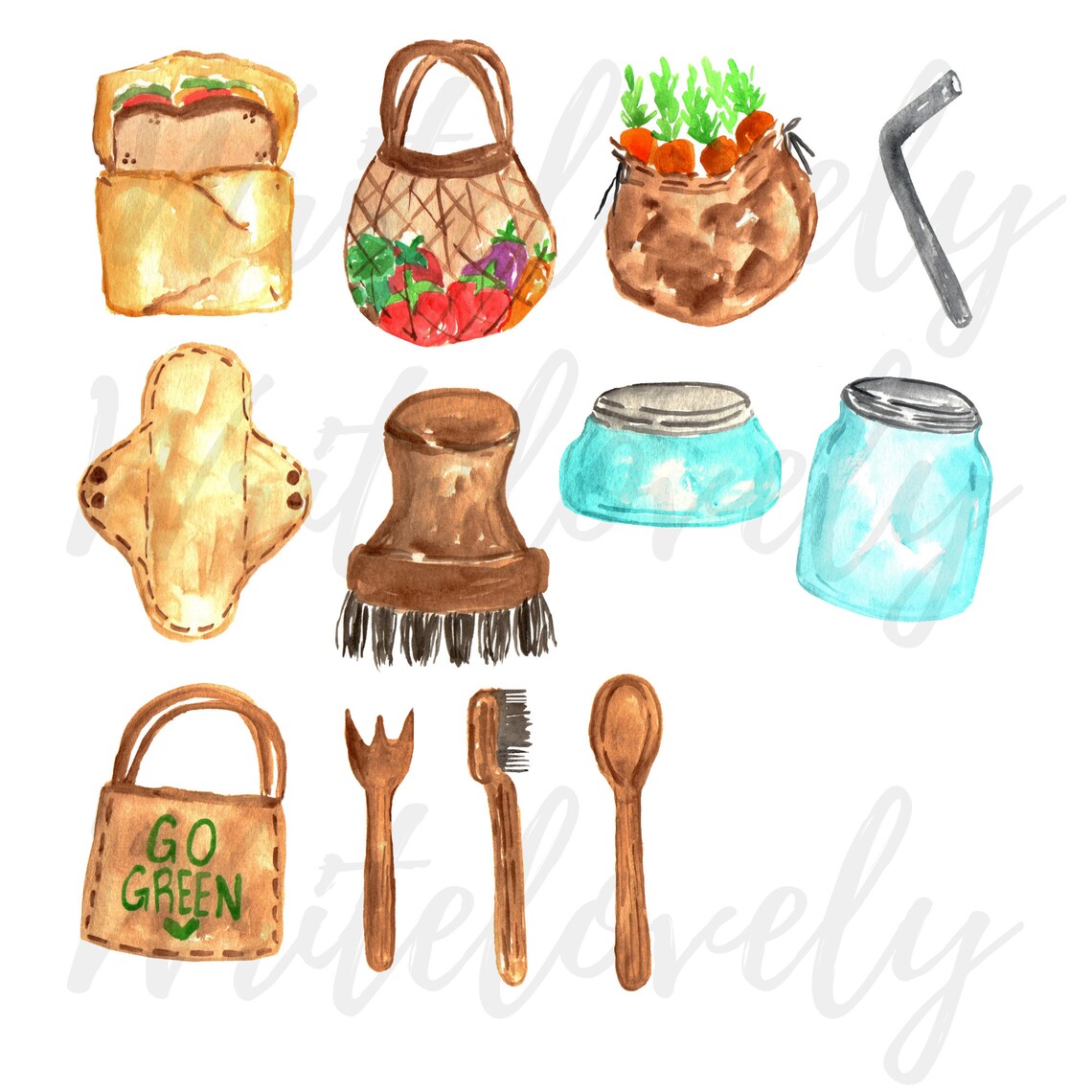 Watercolor Clipart- Zero Waste, Eco Friendly, Go Green, Recycle ...