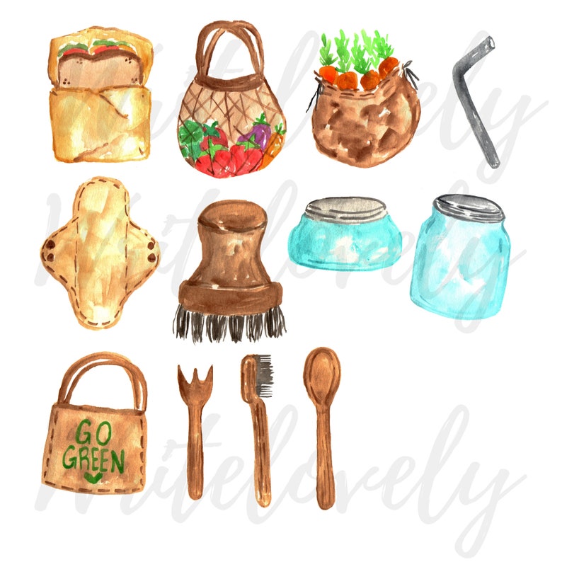 Watercolor Clipart Zero Waste Eco Friendly Go Green - Etsy