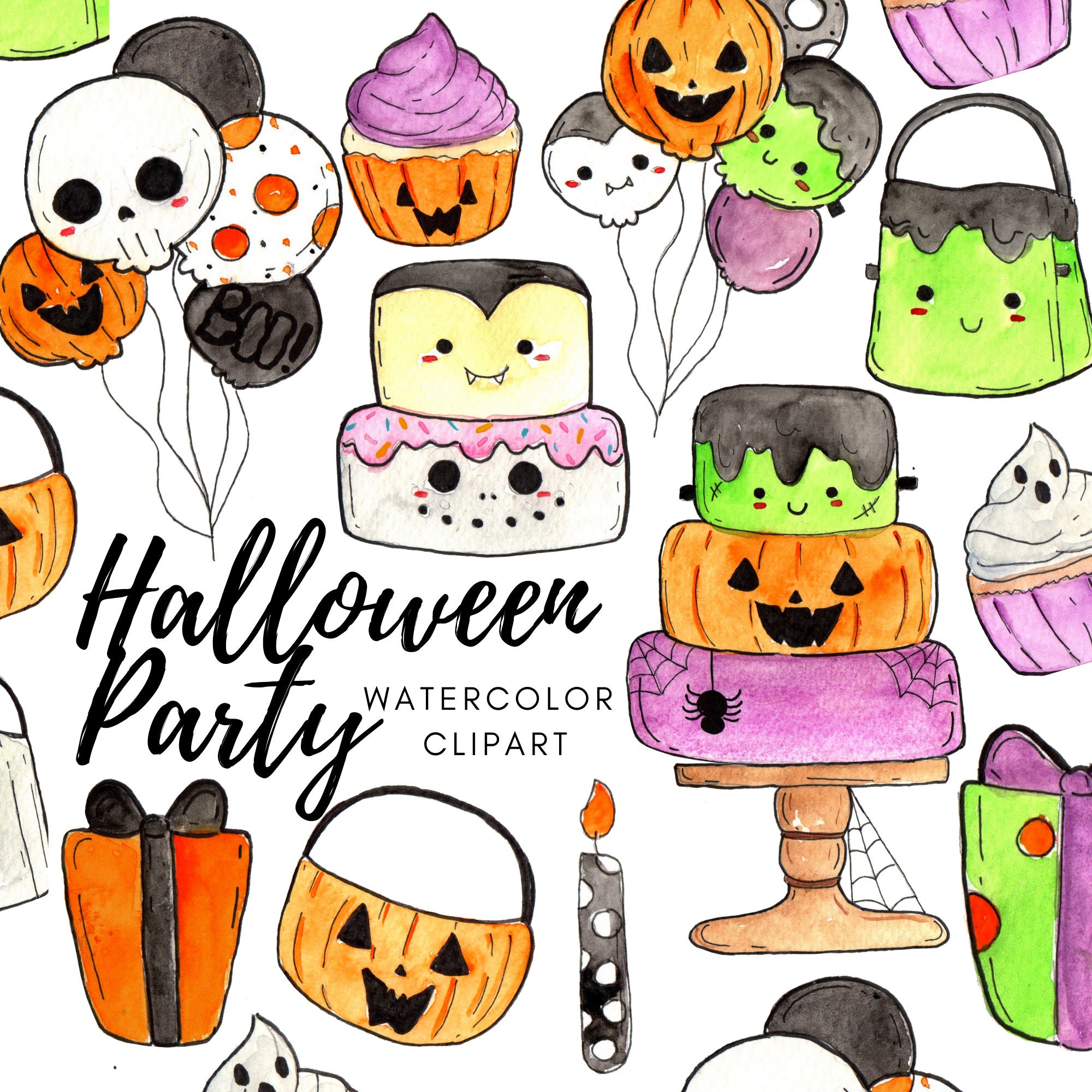 Watercolor Halloween Party Clipart Ghost Pumpkin Party - Etsy