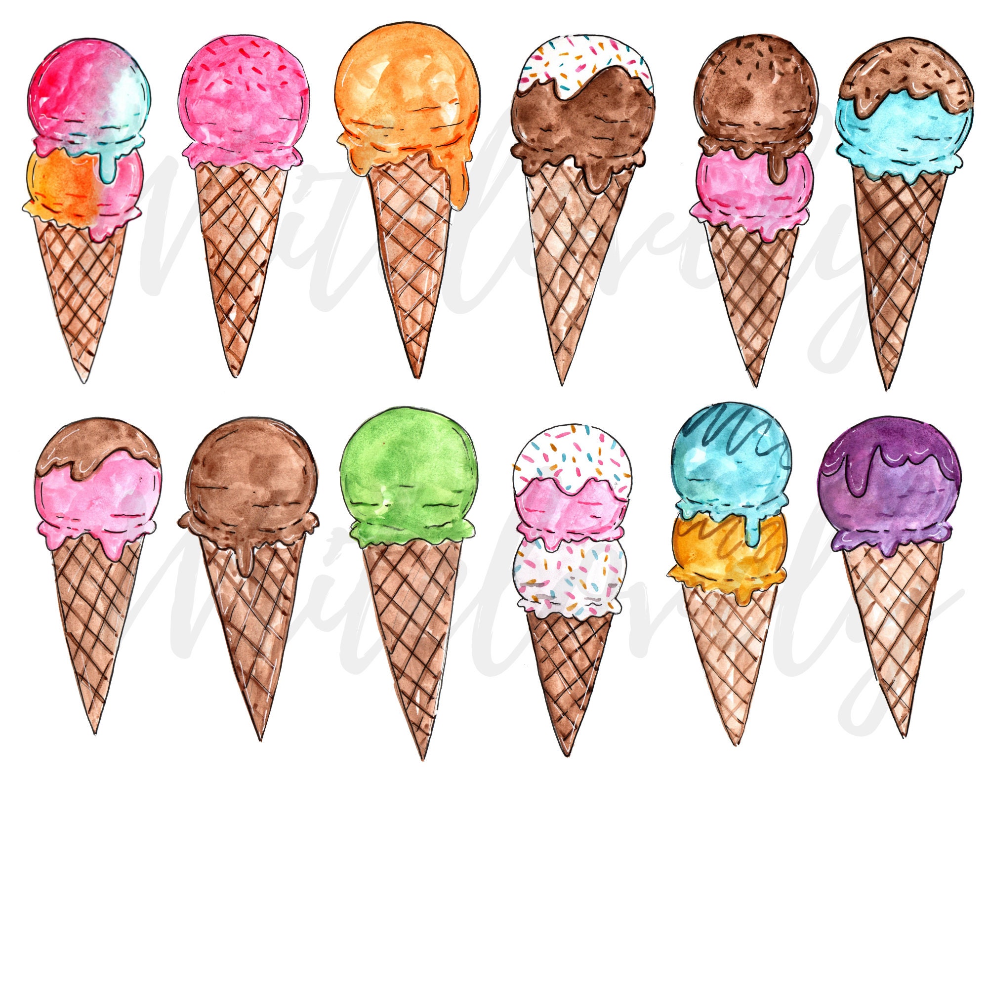 Watercolor Clipart- Ice Cream, Ice Cream Cone, Frozen Treat, Summer ...