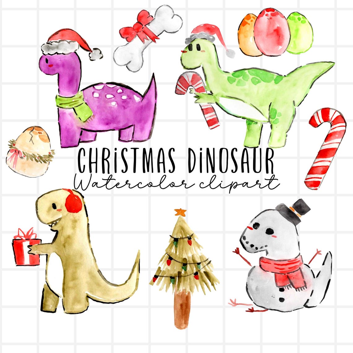 Christmas Clipart Dinosaur Watercolor Graphics - T Rex - Holiday ...