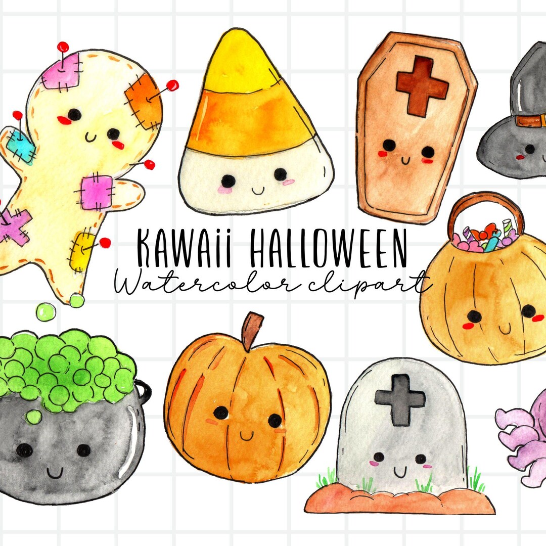 Kawaii Halloween Clipart, Watercolor Ghost, Pumpkin, Skull, Voodoo Doll ...