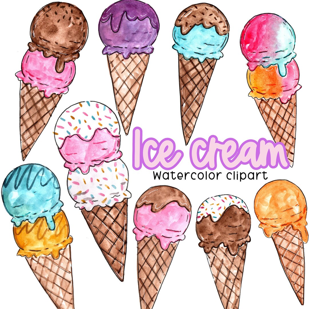Watercolor Clipart- Ice Cream, Ice Cream Cone, Frozen Treat, Summer ...
