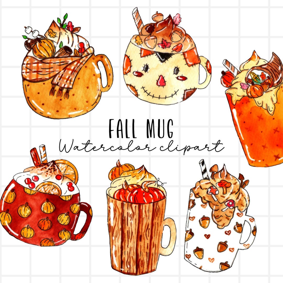 Watercolor Clipart - Autumn Mugs, Fall Coffee Cup, Mugs, Hot Chocolate ...