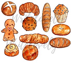 Watercolor Clipart, Bakery, Bread, French Bread, Gingerbread,cinnamon ...