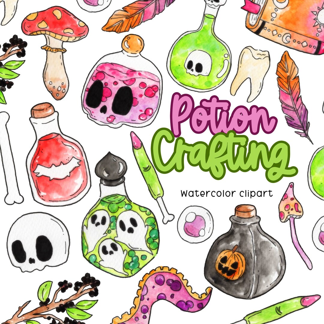 Watercolor Halloween Potion Crafting Clipart, Spooky Magic Potion ...