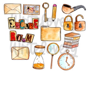 Watercolor Escape Room Clipart, Party Game Illustration, Digital ...