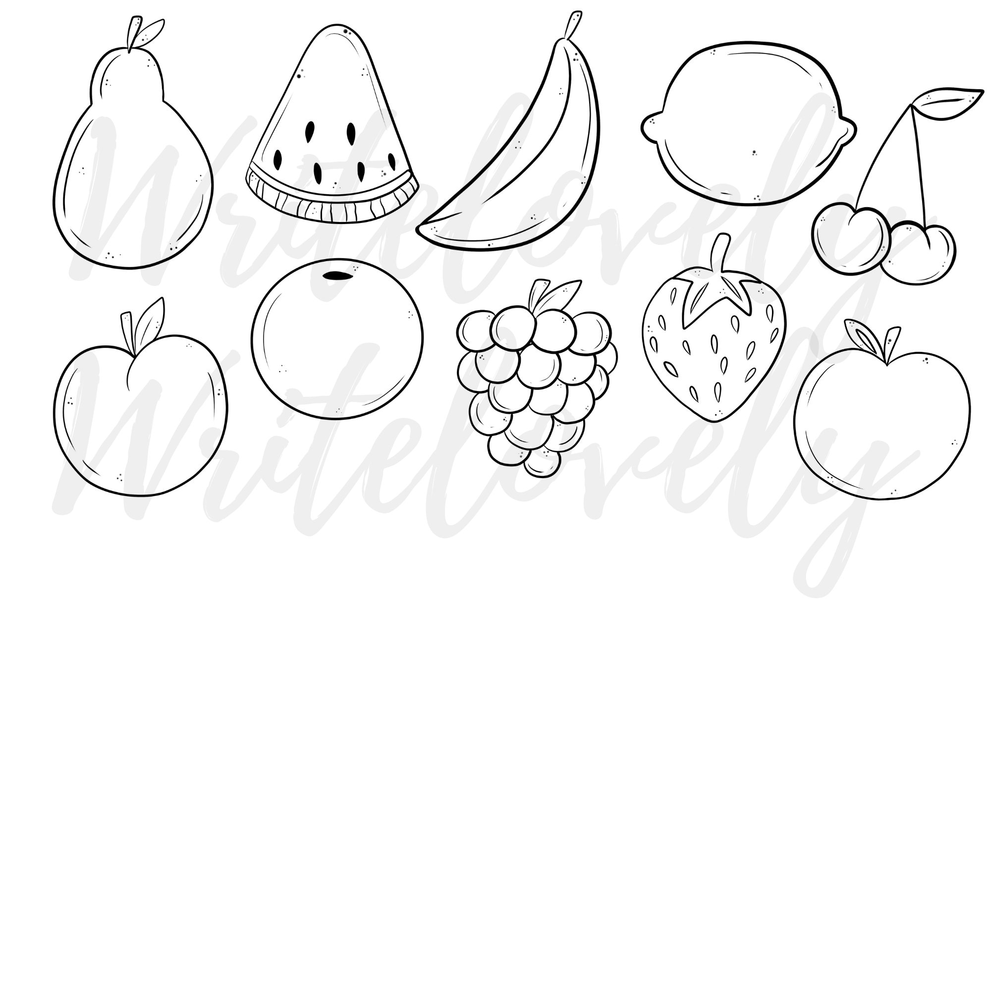 Fruit Digital Stamp Clipart, Line Art, Doodle Graphics in Png Format ...
