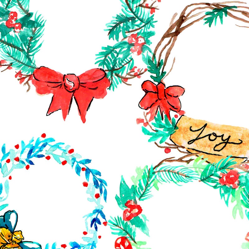 Christmas Holiday Wreath Clipart Watercolor Holly Pine | Etsy