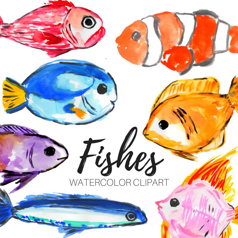 Watercolor fish Tropical blue fish Animal clip art fish Watercolor ...