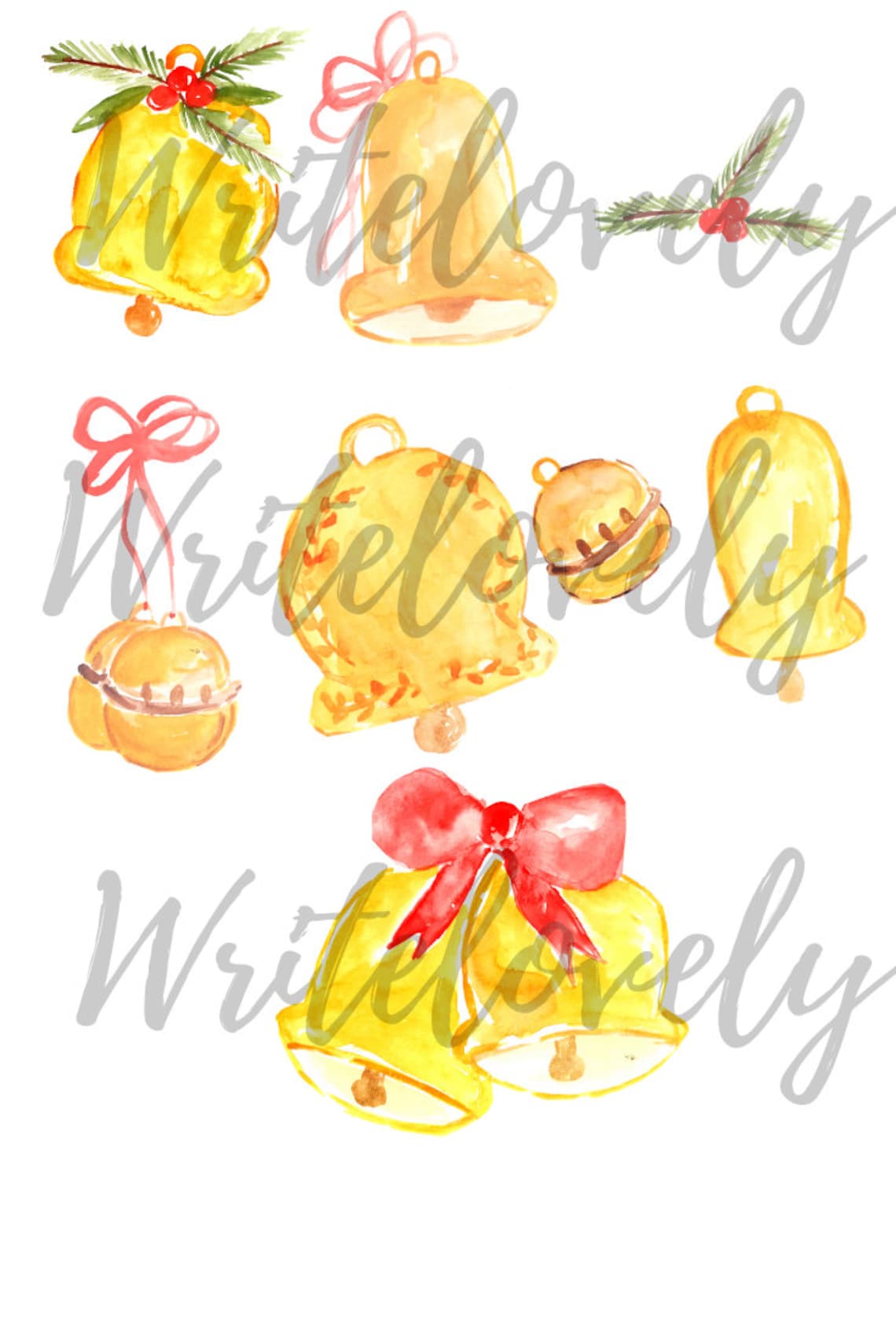 Watercolor Christmas Bell Clipart Holiday Bell Digital - Etsy