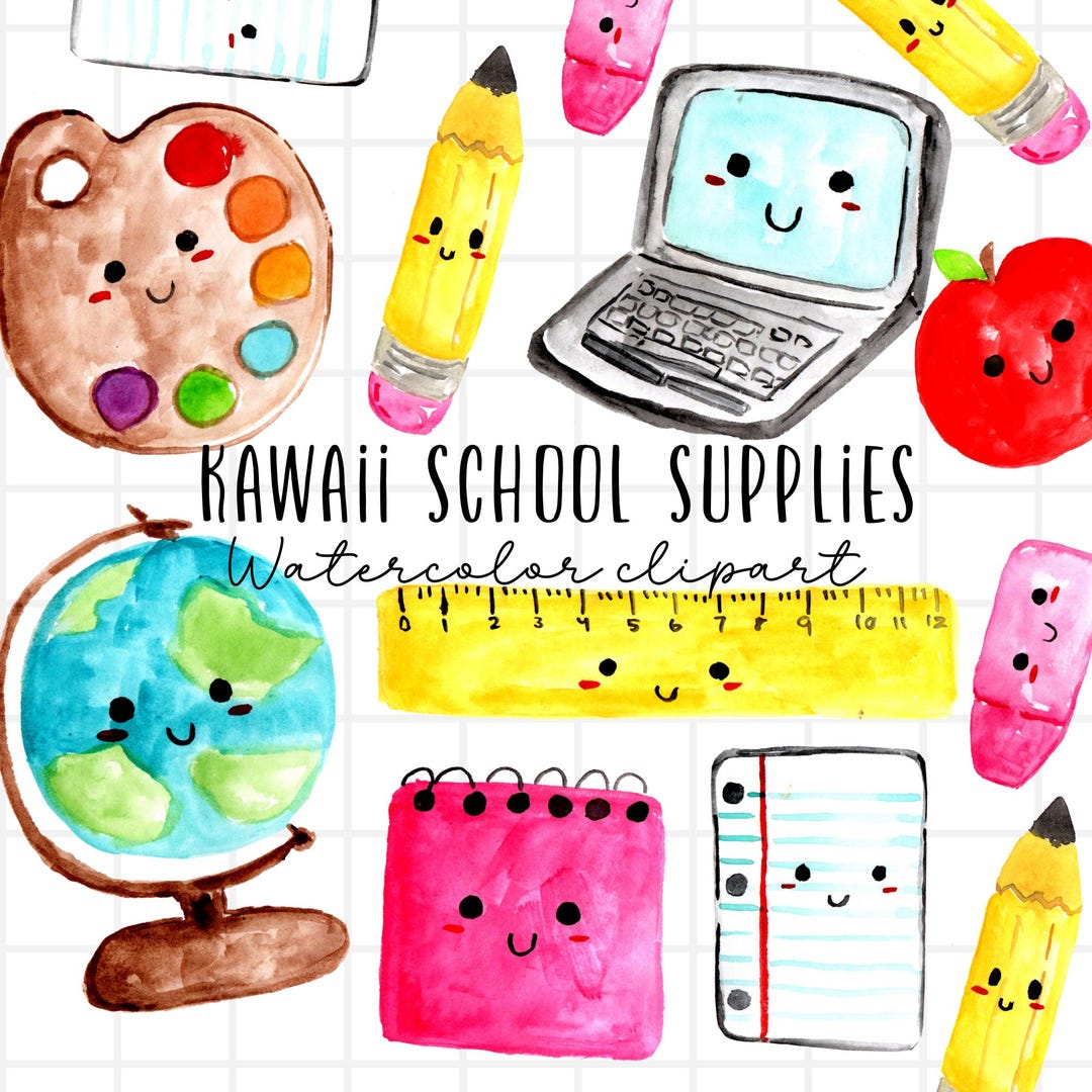 Watercolor School Clipart - Kawaii Back to School, Pencil, Ruler, Paper ...