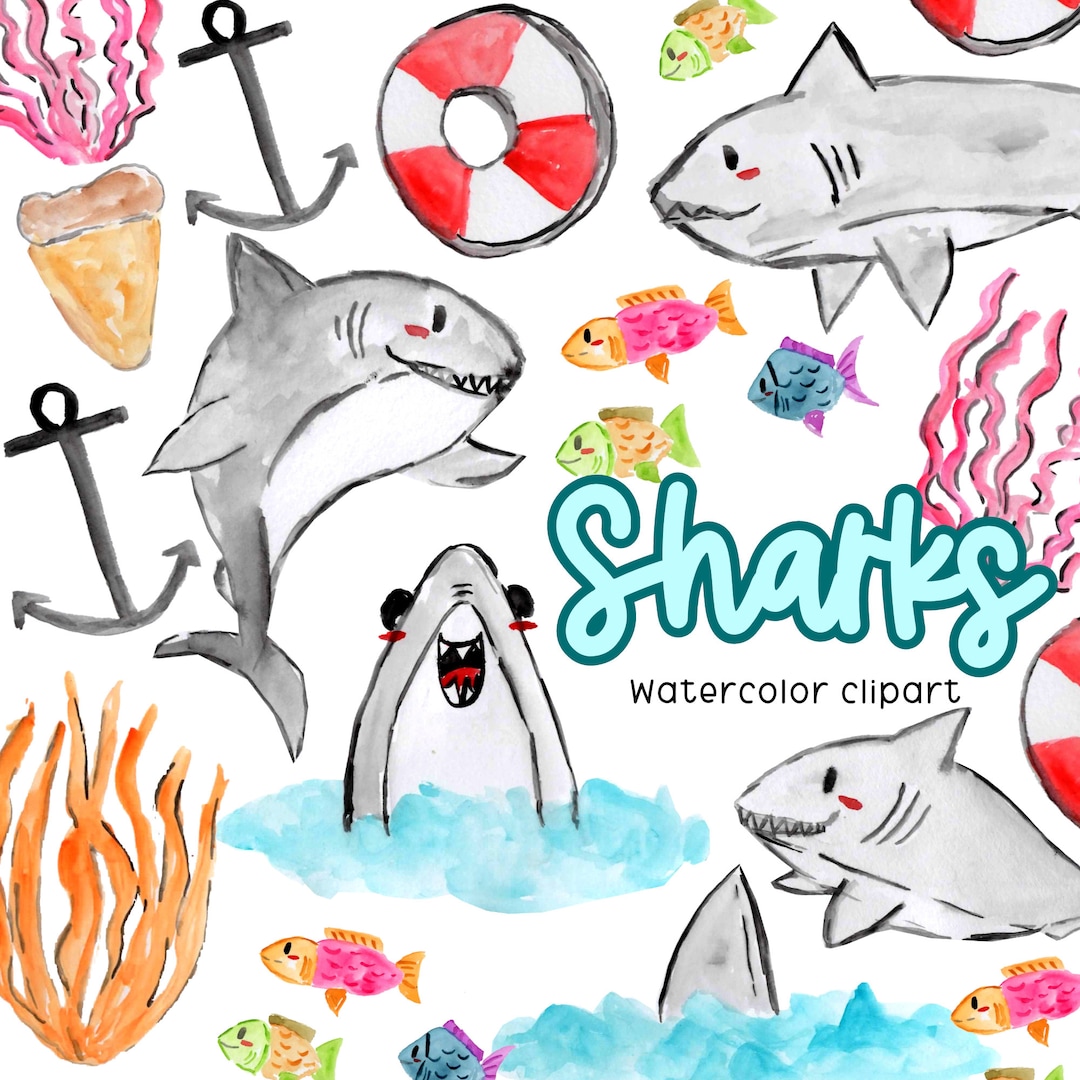 Watercolor Shark Clipart, Fish, Ocean Life, Kawaii Shark, Animal ...