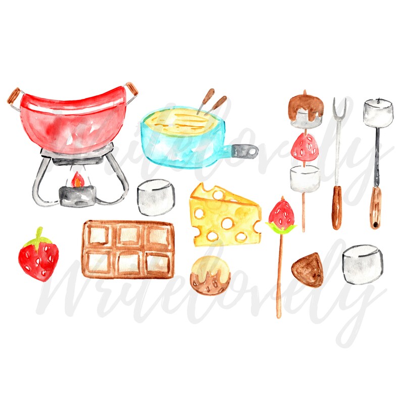 Watercolor Fondue Clipart - Food Clipart - Watercolor - Fondue Party ...