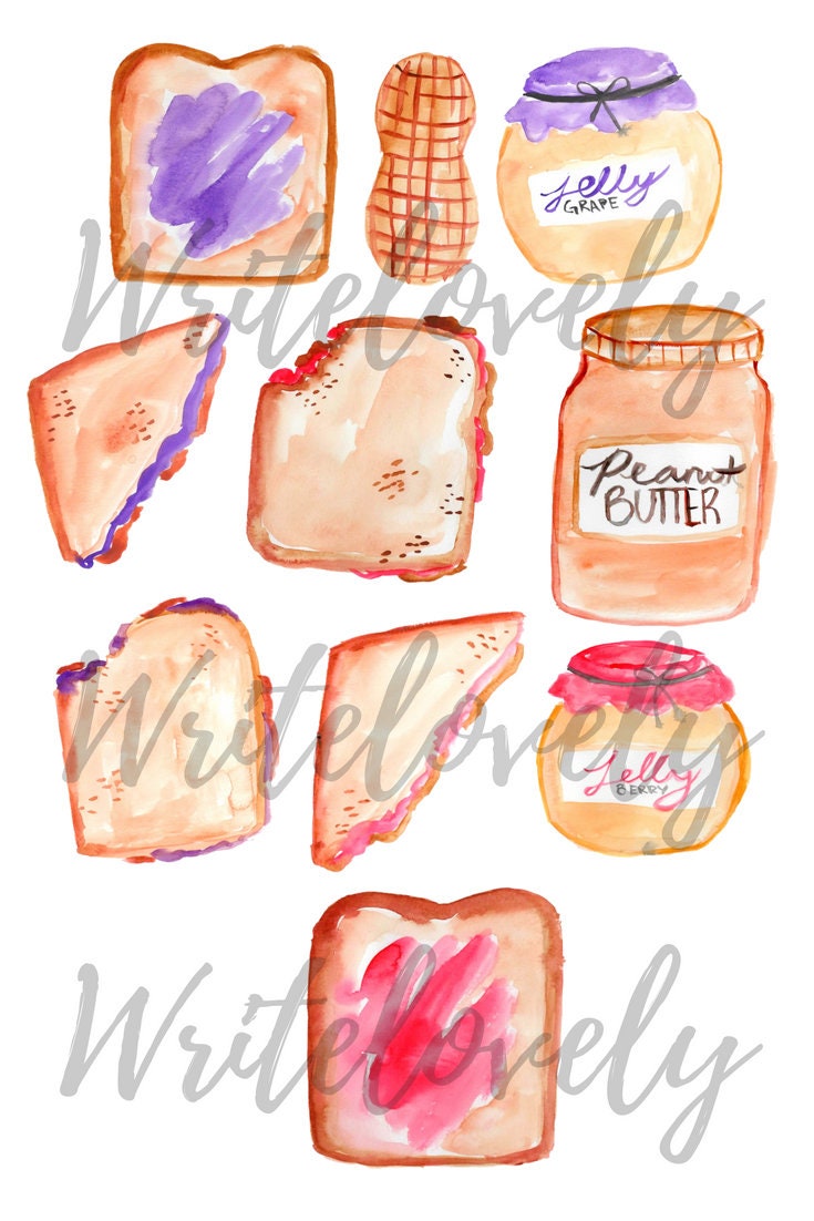 Watercolor Clipart Peanut Butter and Jelly Bread Sandwich - Etsy