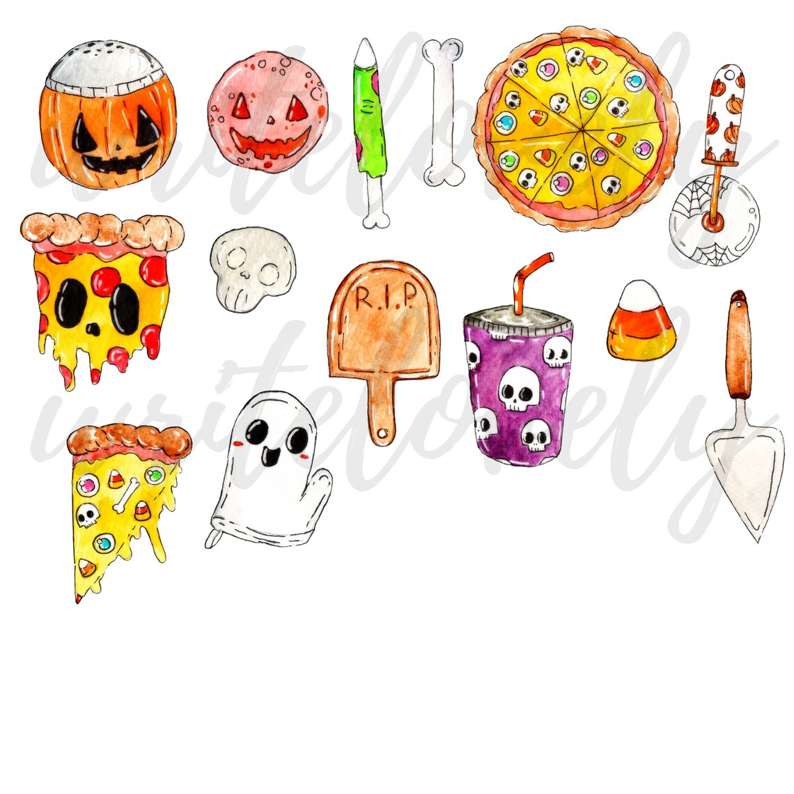 Watercolor Clipart- Halloween, Pizza, Spooky Pizza, Creepy Food, Pizza ...