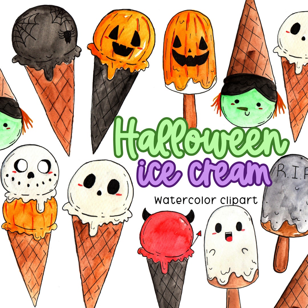 Cute Halloween Clipart, Watercolor Spooky Food Ice Cream, Creepy ...