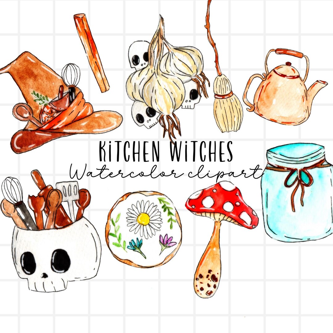 Watercolor Halloween Clipart, Witchy Vibes, Cottage Kitchen Witch ...