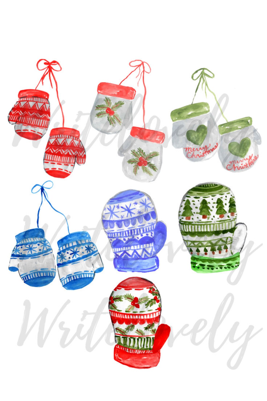 Watercolor Christmas Clipart - Winter - Gloves - Mitten - Holiday ...
