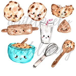 Watercolor Kawaii Cookie Clipart, Cute Cookies and Milk Graphics in PNG ...