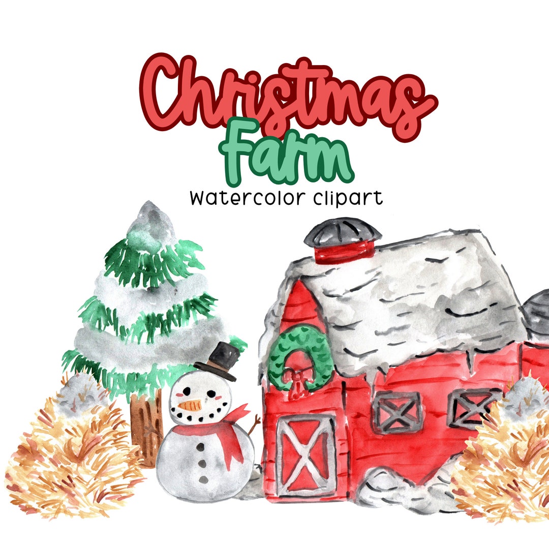 Watercolor Christmas Farm Clipart, Holiday Farmhouse Barn Graphics in ...
