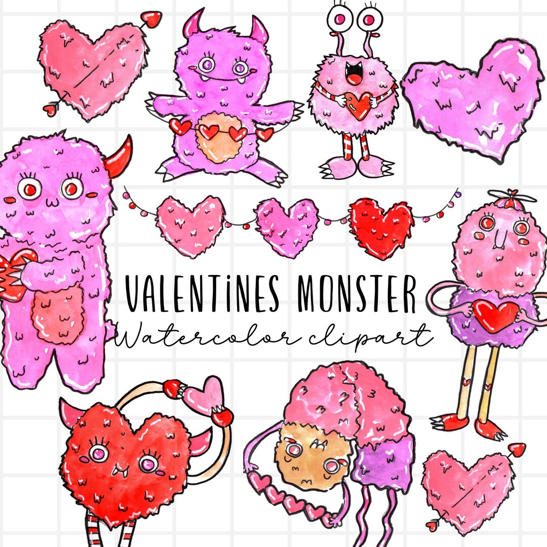 Valentines Day Clipart, Cute Monster Clipart, Hearts, Kawaii, Creatures ...