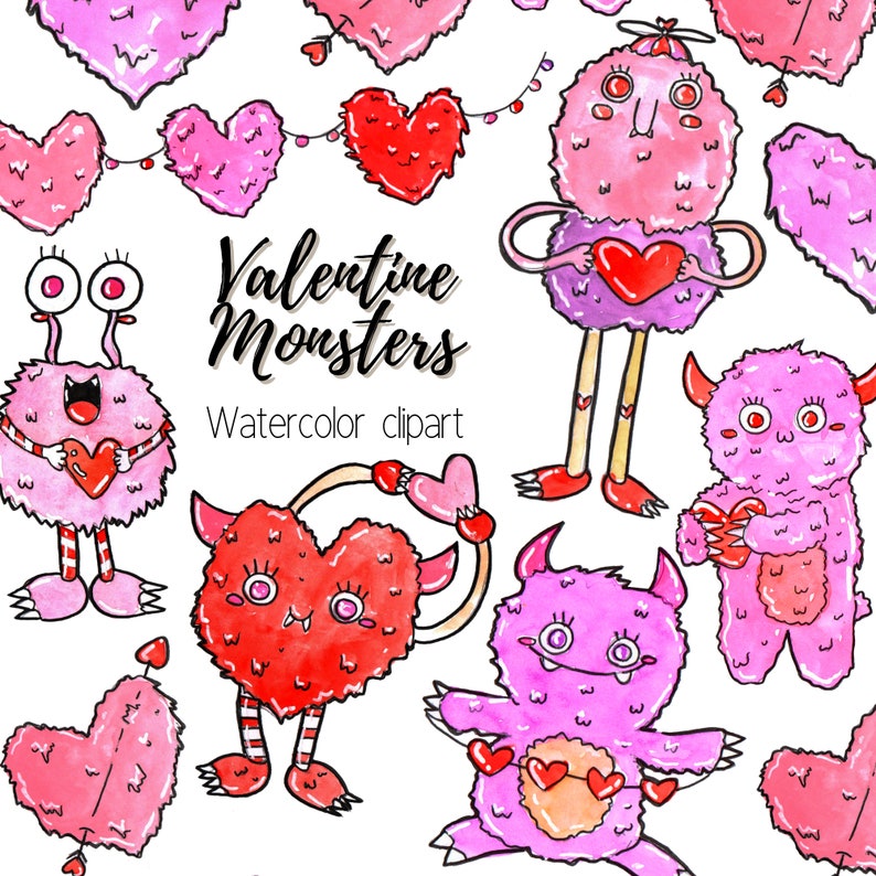 Valentines Day Clipart Cute Monster Clipart Hearts Kawaii - Etsy