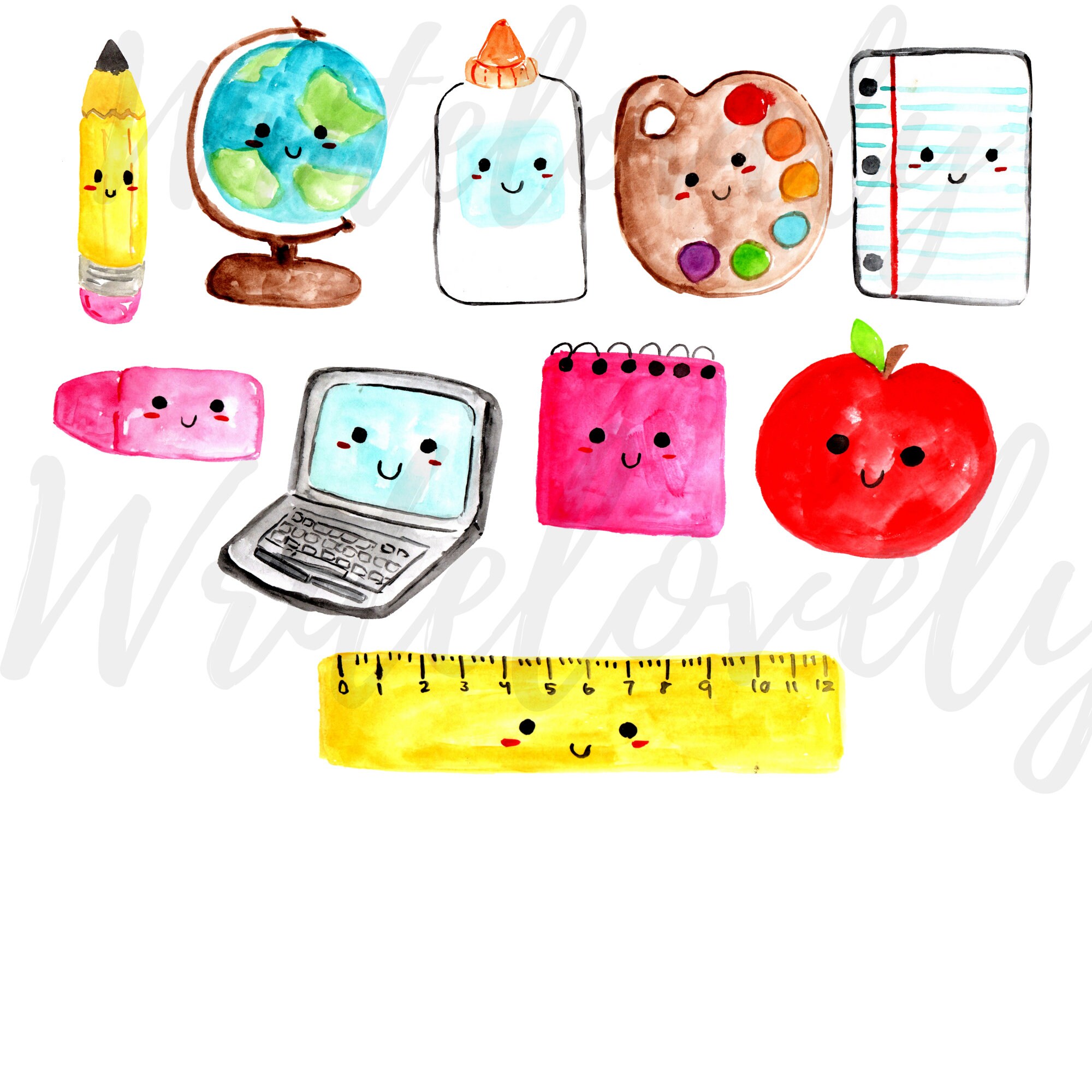 Watercolor School Clipart Kawaii Back to School Pencil - Etsy
