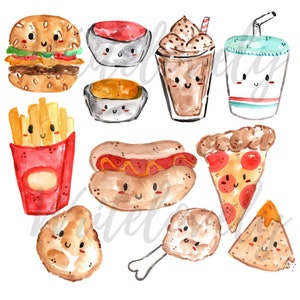 Watercolor Clipart - Kawaii, Fast Food, Burger, Fries, Soda, Food and ...