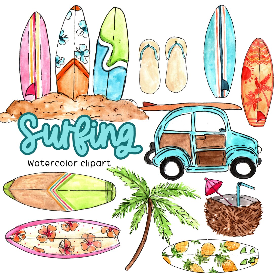 Watercolor Surf Board Clip Art - Summer Beach Graphics PNG Illustration ...