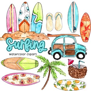 Watercolor Surf Board Clip Art Summer Beach Graphics PNG Illustration ...