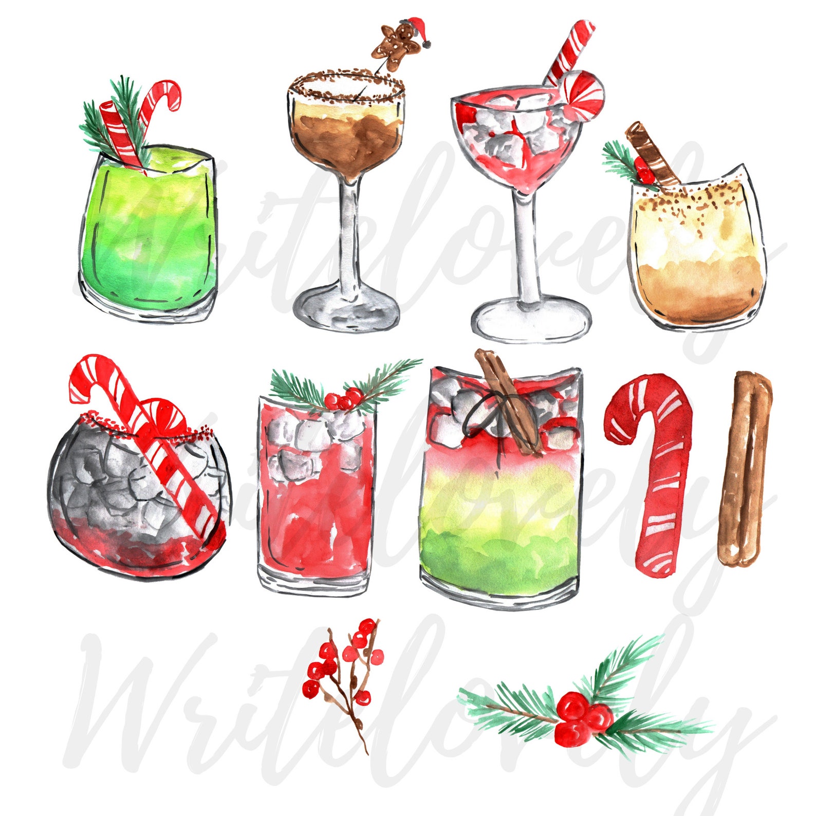 Watercolor Christmas Clipart Cocktail Drinks Beverage - Etsy