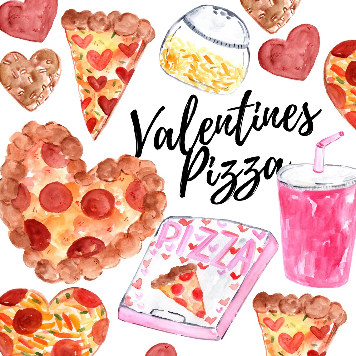 Watercolor Valentines Clipart Pizza Clipart Food Graphics - Etsy