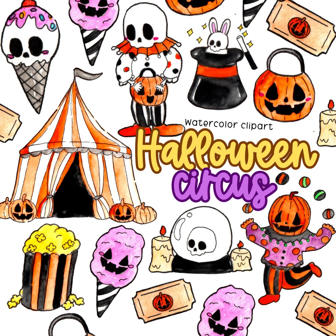 Watercolor Halloween Clipart, Spooky Carnival, Fair, Circus Scary Clown ...
