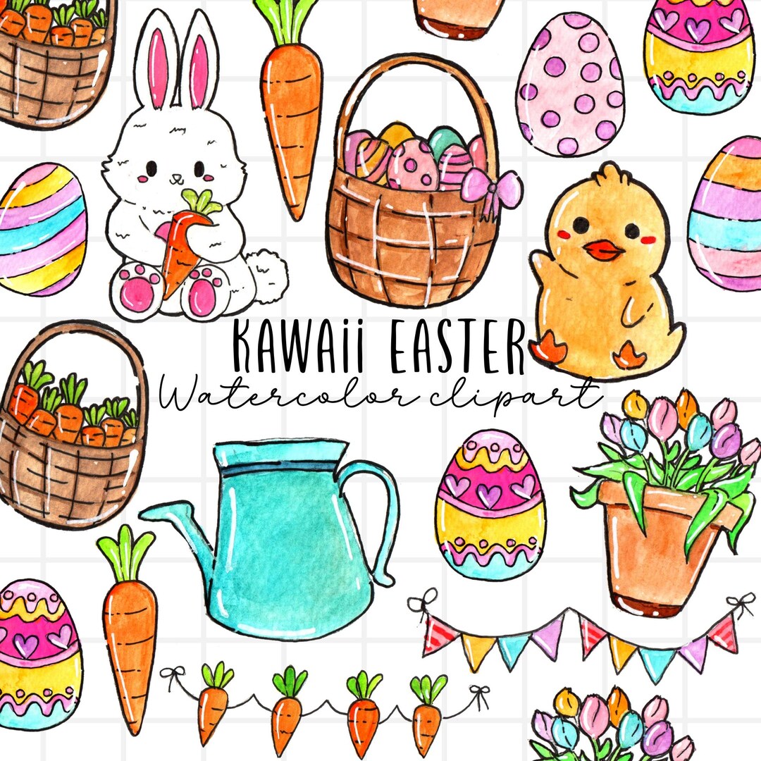 Kawaii Easter Clipart - Watercolor, Easter Bunny, Eggs, Carrots, Egg ...